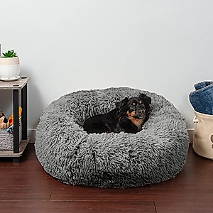 Furhaven 30" Round Calming Donut Dog Bed for Medium/Small Dogs, Refillable w/ Removable Washable Cover, For Dogs Up to 45 lbs - Shaggy Plush Long Faux Fur Donut Bed - Gray, Medium