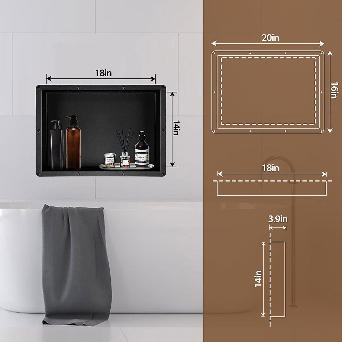 AUMAYCO 2PC Shower Niche Shower Niche Ready for Tile Black, 20" X 16" X 3.9" Premium ABS Plastic Single Shelf Niche, Recessed Niche Shower for Bathroom Kitchen Bedroom Storage