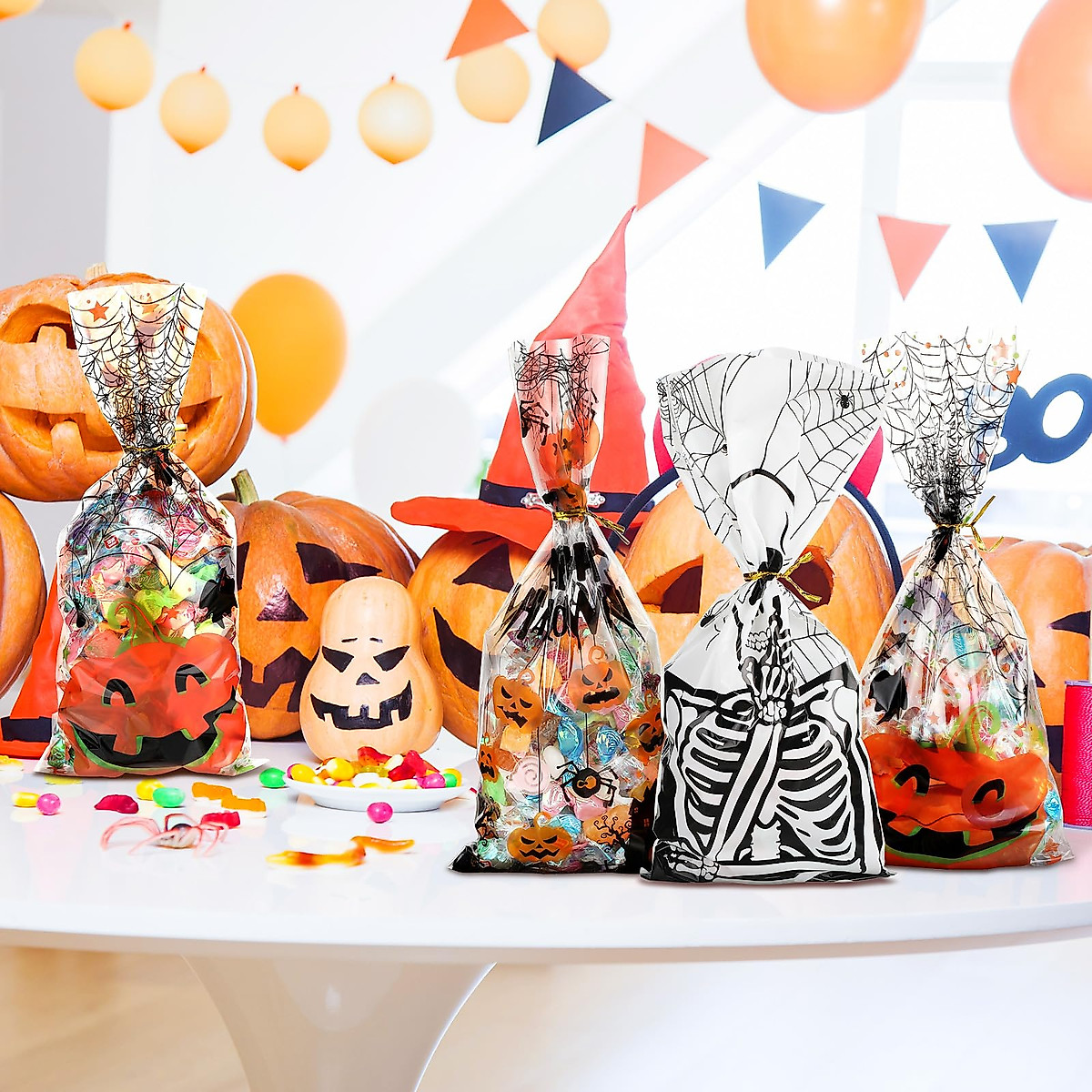 Zonon 180 Pieces Halloween Cellophane Treat Bags Halloween Candy Wrappers Pumpkin Skull Bat Presents Bags Transparent Candy Bag with 200 Pieces Ties for Halloween Party Favors