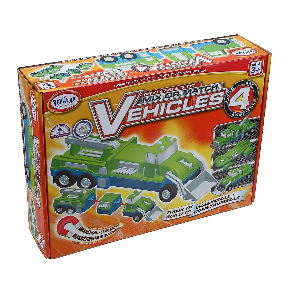 POPULAR PLAYTHINGS Magnetic Mix or Match Vehicles 4 Toy Play Set, 9 Pieces