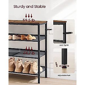 VASAGLE Shoe Rack for Entryway, 4 Tier Shoe Storage Shelves, 12-15 Pairs Shoe Organizer, with Sturdy Wooden Top and Steel Frame, Free Standing, Industrial, Rustic Brown and Black ULBS040B01