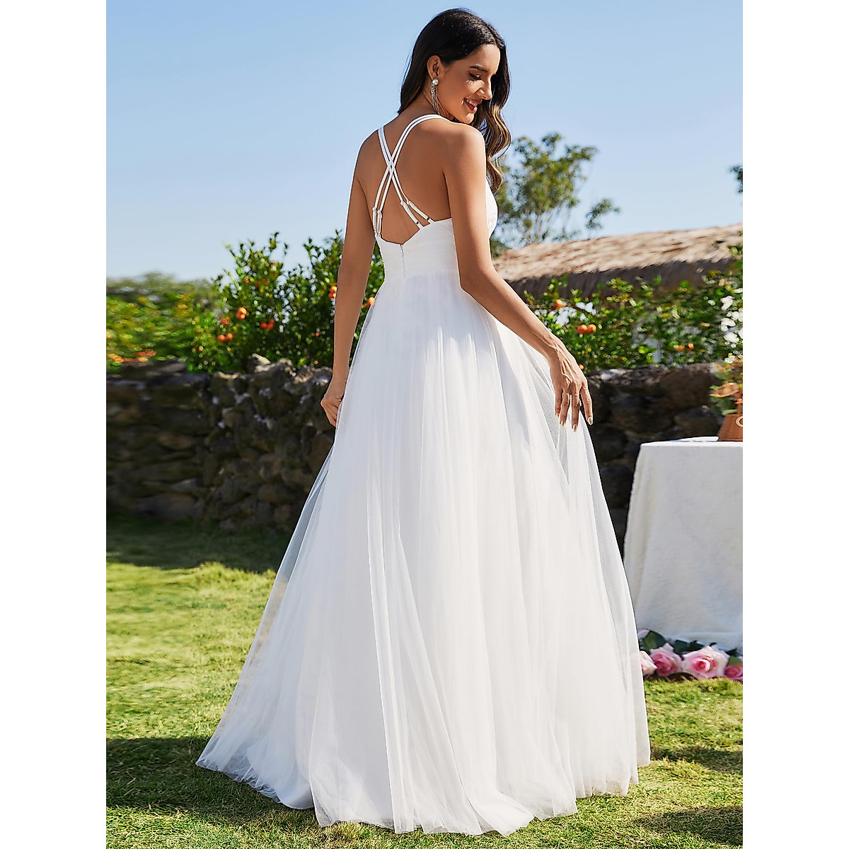 Ever-Pretty Women's Appliques Tulle A-Line V Neck Open Back Wedding Guest Dress White US16