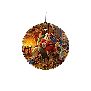 Thomas Kinkade - Santa’s Workshop - Checking His List - 3.5” Starfire Prints Hanging Glass Print Accessory – Officially Licensed Collectible | Complimentary Velveteen Gift Bag