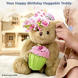 Bearington Casey The Birthday Cake Bear: 10” Tall Stuffed Teddy with Ultra-Soft Faux-Fur, Expressive Face, Adorable Hair Bow and Plush Cupcake, Machine Washable, Birthday Gift for Kids or Adults