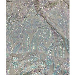 White Iridescent Geometric Stretch Sequin Fabric by The Yard | 4 Way Stretch Fabric Spandex Lace Fabric | White Stretch Mesh Embroidery with 3mm Sequin | White Iridesecent Sequin Fabric-Per Yard