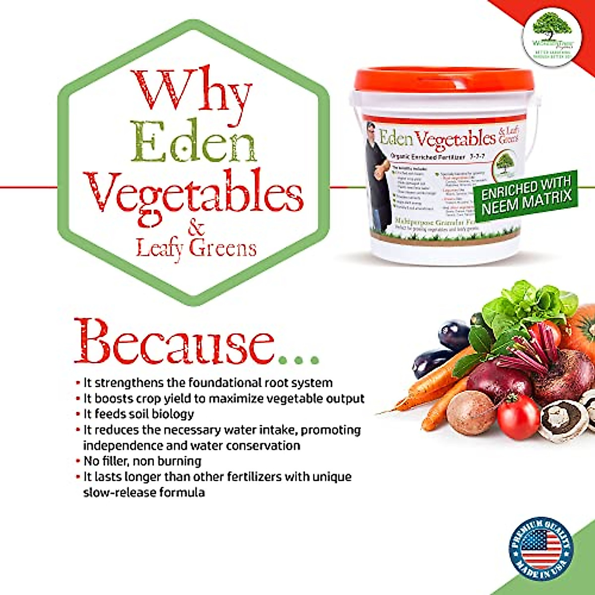 Eden Vegetables & Leafy Greens Organic Enriched Fertilizer (5 lb Bucket)-Neem Plant Food 7-7-7 Enriched Formula for Perfect Nitrogen, Phosphorous, and Potassium Balance