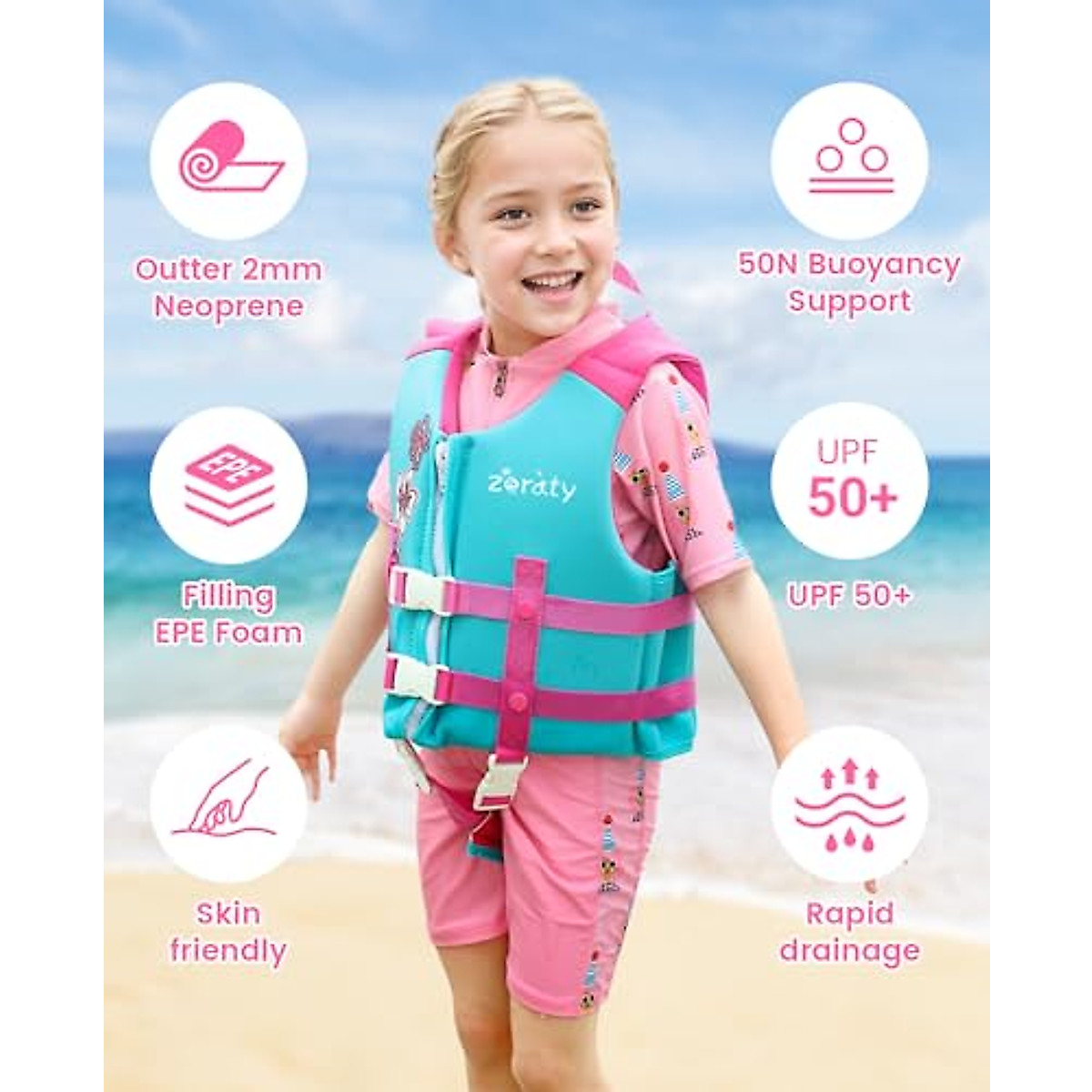 Zeraty Toddler Swim Vest Neoprene Kids Float Jacket Swimming Aid for Children with Adjustable Safety Strap Age 2-9+ Years/36-88Lbs