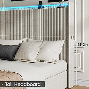 Fameill Queen Size Lift Up Storage Bed Frame with 51.2'' Tall Wingback Headboard, Corduroy Upholstered Platform Bed, LED Lights and Charging Station, No Box Spring Needed, Noise Free, Beige