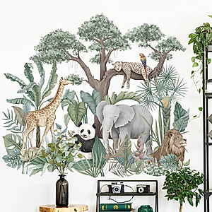 Tropical Green Plant Jungle Animal Wall Stickers, Removable Large Tree Vinyl Wallpaper Decal, DIY Art Murals for Kids Bedroom Nursery Home Decor (A)