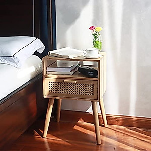 MaxSmeo Modern Nightstand Rattan Side Table with Storage, Farmhouse End Table for Living Room, Bedroom and Small Spaces, Accent Bedside Tables with Solid Wood Legs, Easy Assembly (Natural Walnut)