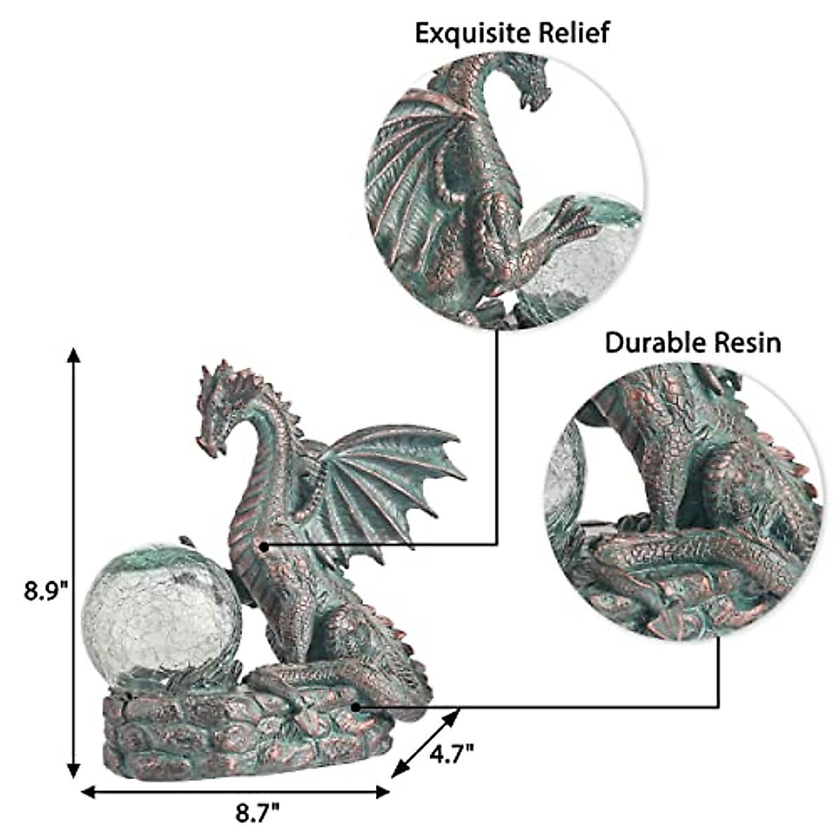 TERESA'S COLLECTIONS Garden Sculptures & Statues, Solar Dragon Outdoor Statues Figurines, Resin Bronze Gothic Decor Lawn Ornaments for Patio Table Deck Balcony Yard Decorations, 8.9 Inch