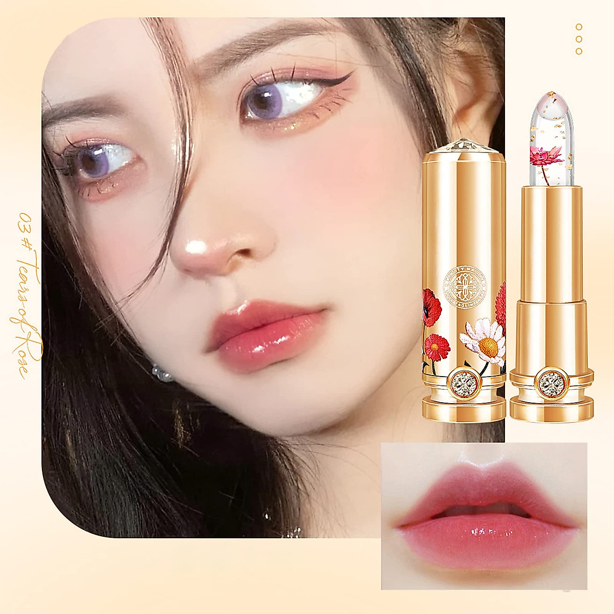 Mrettick 3 Colors Crystal Flower Jelly Lipstick Set,Magic Temperature Color Changing Lip Gloss PH Lipstick Color Changing Jelly Lipstick Waterproof Moisturizer Lip Balm (#1+#2+#3)