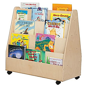 Contender Fully Assembled Double-Sided Book Cart On Wheels, Baltic Birch Book Display Stand, Wood Montessori Bookshelf Organizer For Kids In Natural Finish