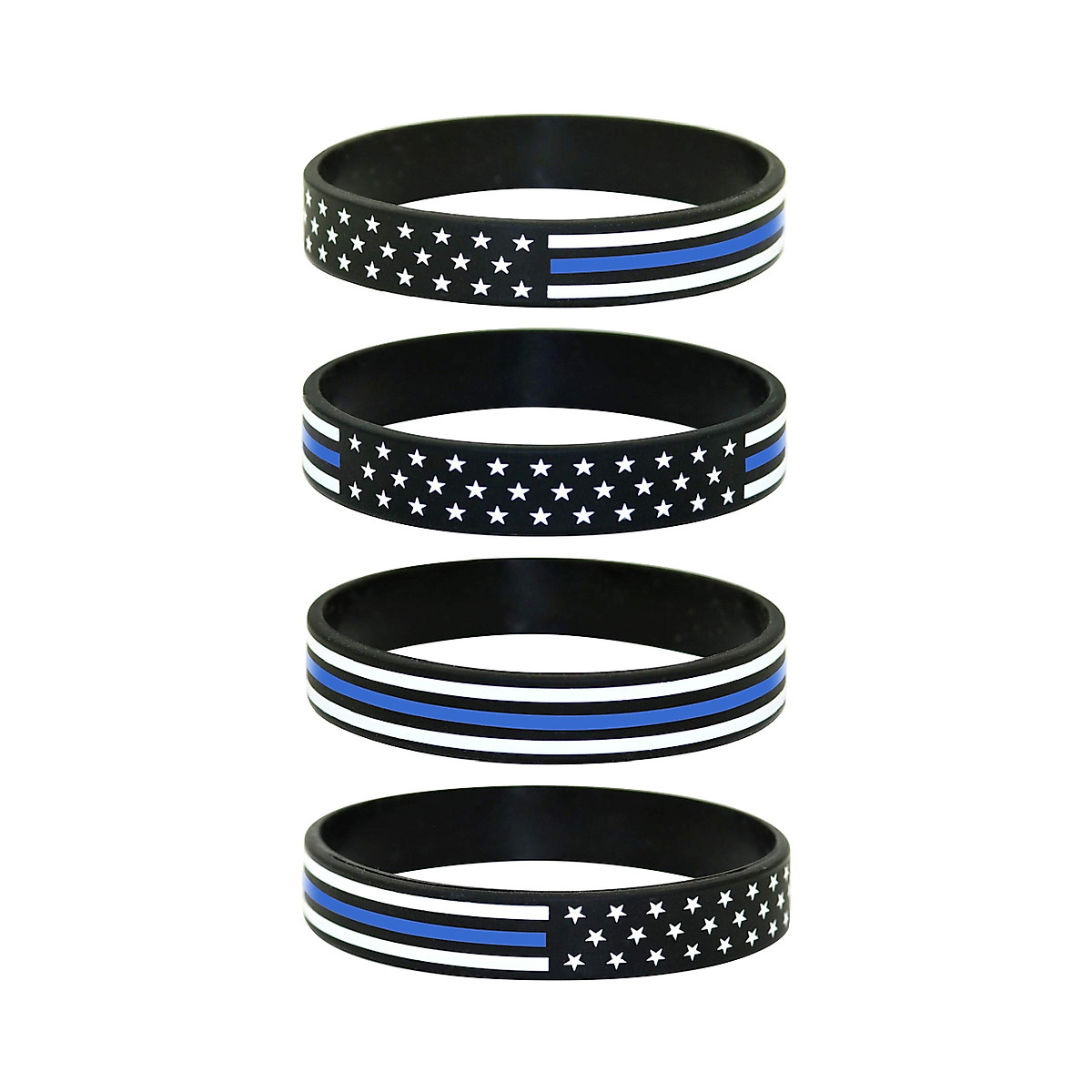 Great 1 Thin Blue Line American Flag Silicone Stretchable Bracelet 4-Pack - Police Law Enforcement
