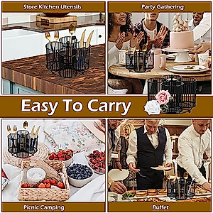 360° Rotating Metal Utensil Caddy, Utensil Organizer Holder 4 Compartment Flatware Storage Basket Portable Multipurpose Countertop Silverware Organizer for Kitchen Picnic Camping Outdoor (Black)