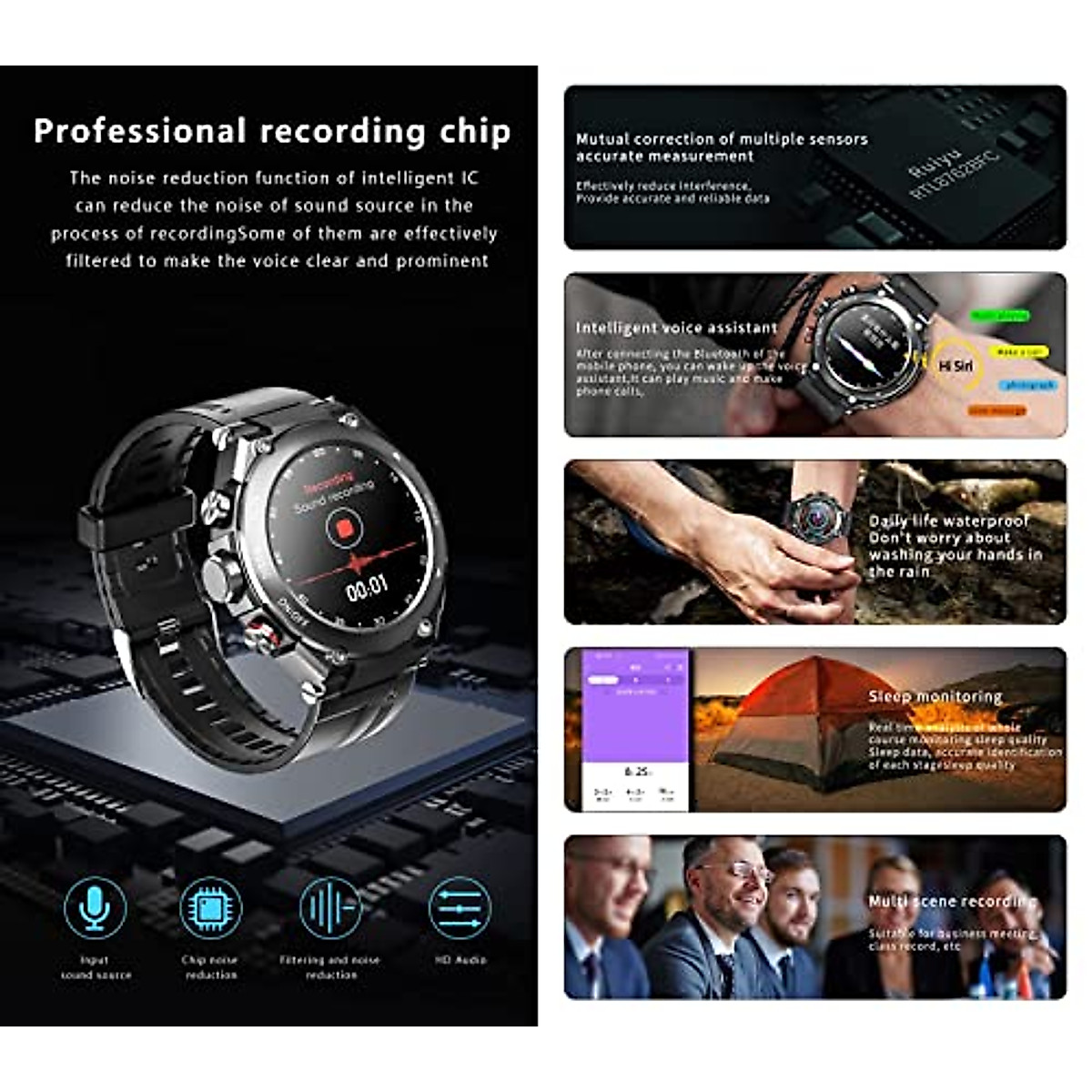 T92 Smart Watch with Earbuds MP3 Bluetooth Headset 3 in 1 1.28 Inch Smartwatch Built-in Wireless Earbuds Speaker Round Fitness Tracker Music Body Health Monitor (Black)