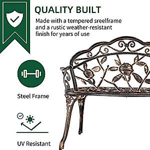 Payhere Garden Benches for Outdoor, 39.7 in Antique Designed Metal Rose Carving Front Porch Bench, Cast Iron Cast Bronze Frame Antique Finish, Durable Patio Park Decor Leisure Bench for 2 Person Seat