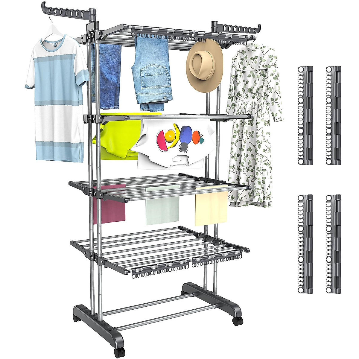 5 Tier Clothes Drying Rack Oversized, Foldable& Adjustable Height Rolling Clothes Rack Stainless Steel with 4 Castor, 32 Drying Poles,14 Hook& 4 Sock Clippers, Drying Rack Clothing for Indoor& Outdoor