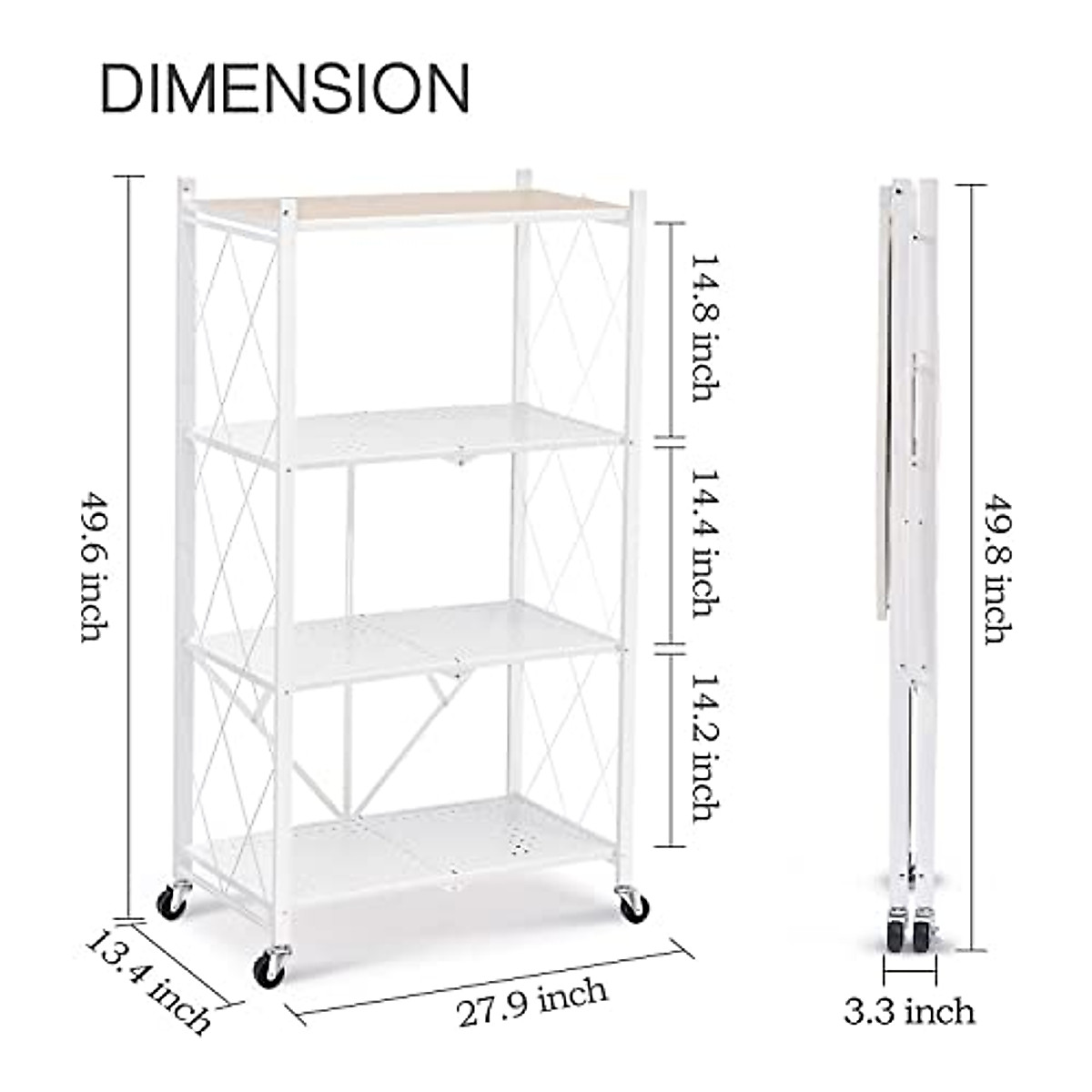 TOOLF 4-Tier Foldable Shelving Unit, Freestanding Metal Storage Shelf with MDF Tabletop, No Assembly Storage Shelves with Wheels for Garage Kitchen Bakers Closet Pantry, Heavy Duty Shelving