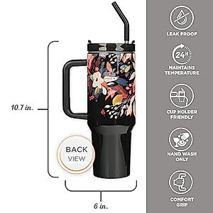 Christian Art Gifts Extra Large Stainless Steel Double Wall Vacuum Insulated Travel Tumbler for Women: Hope & Future Inspirational Scripture, Lid, Straw, Sturdy Handle, Black Multicolor Floral, 40 oz.