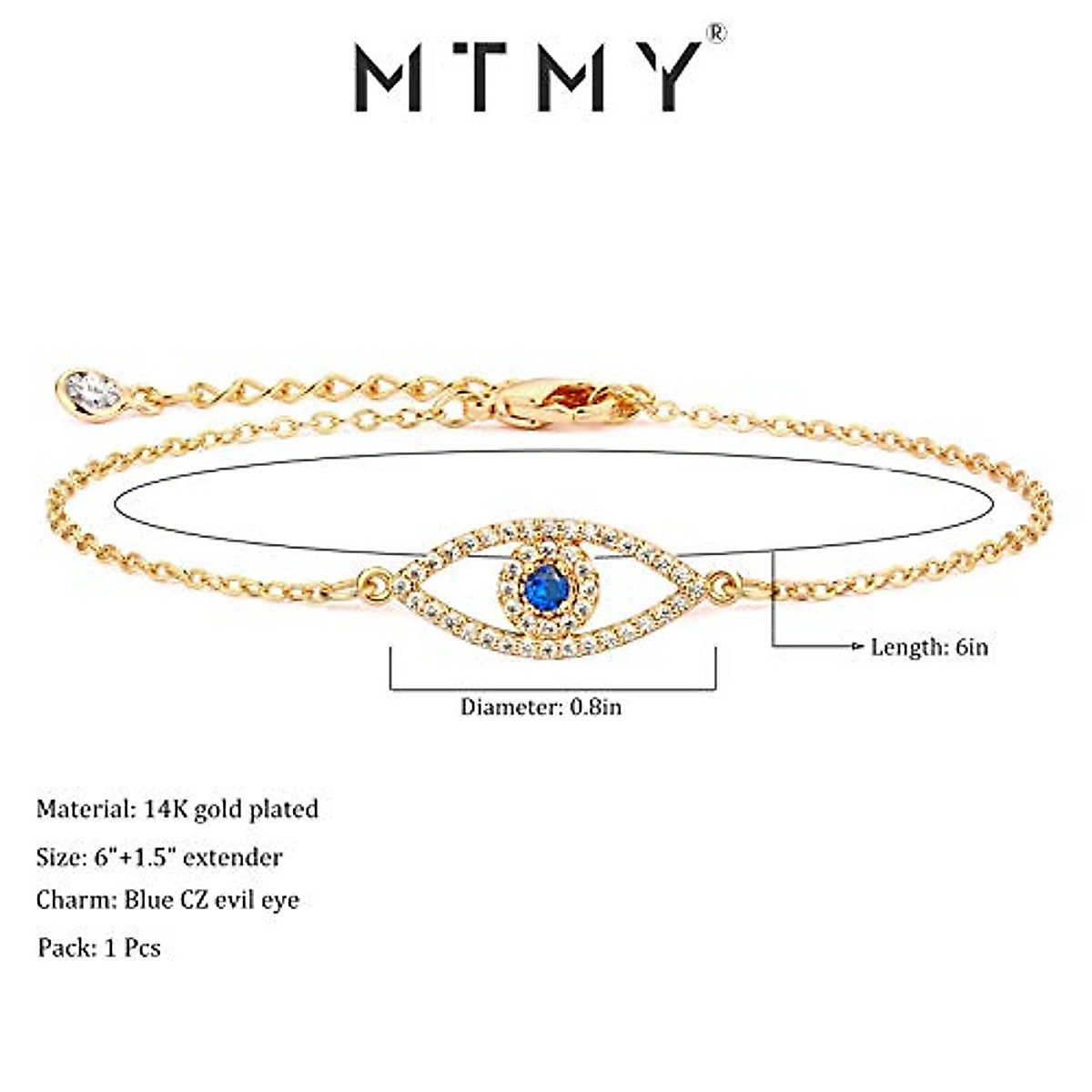MTMY Evil Eye Bracelet for Women 14K Gold Plated Dainty Bracelets with Crystcal Adjustable Chain Cute Eye Bracelet Gold Jewelry for Her