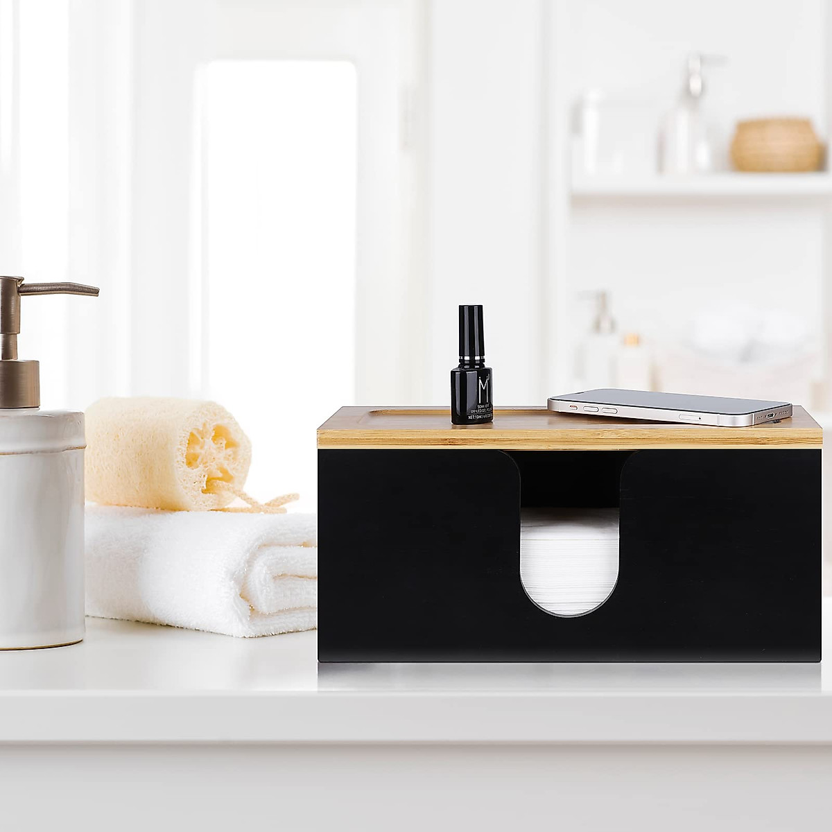 TURSTIN Wood Paper Towel Dispenser Folded Paper Towel Holder with Lid for Countertop and Wall Mounted, Wall Mount Paper Towel Holder Napkin Holder for Home. Bathroom, Kitchen, Black