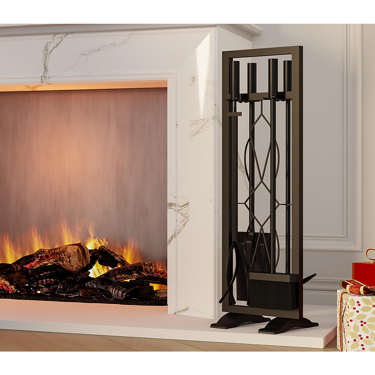 Fire Beauty Fireplace Tools Set 5 Pieces Fireside Accessories Fire Kit Stand Woodstove Tools Holder Wrought Iron Handle Indoor Fireset Stand