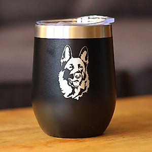 German Shepherd Wine Tumbler with Sliding Lid - Stemless Stainless Steel Insulated Cup - German Shepherds Outdoor Camping Mug - Black
