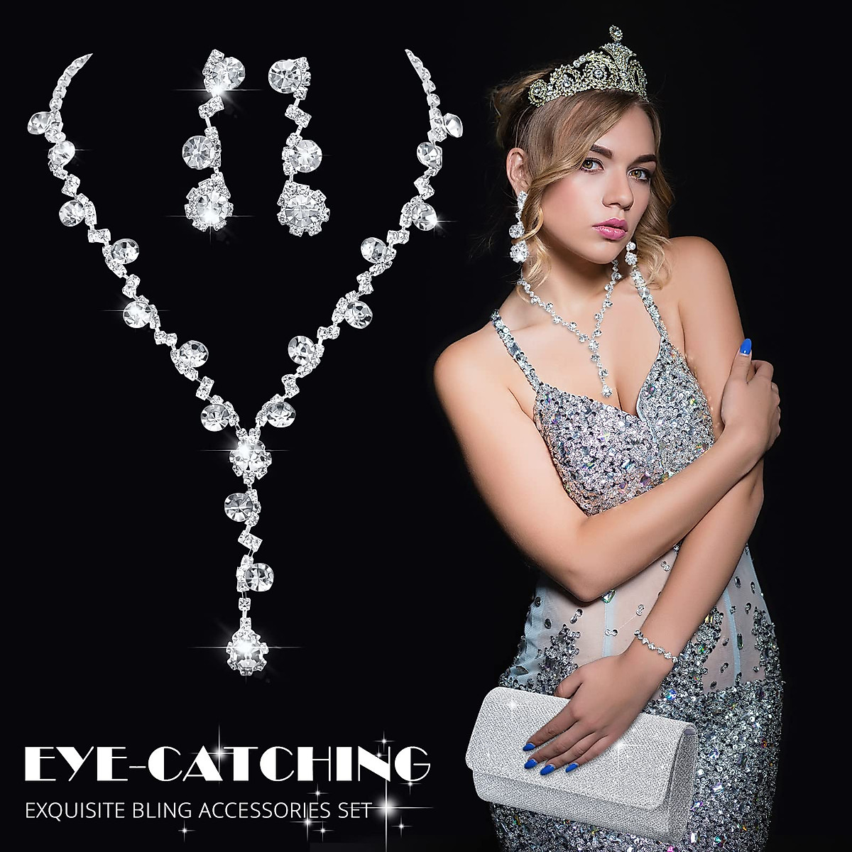 Meanplan 4 Pcs Silver Clutch Purse Jewelry Set for Women Evening Rhinestone Purse Silver Accessories for Women Bride Wedding Jewelry (Elegant Style)