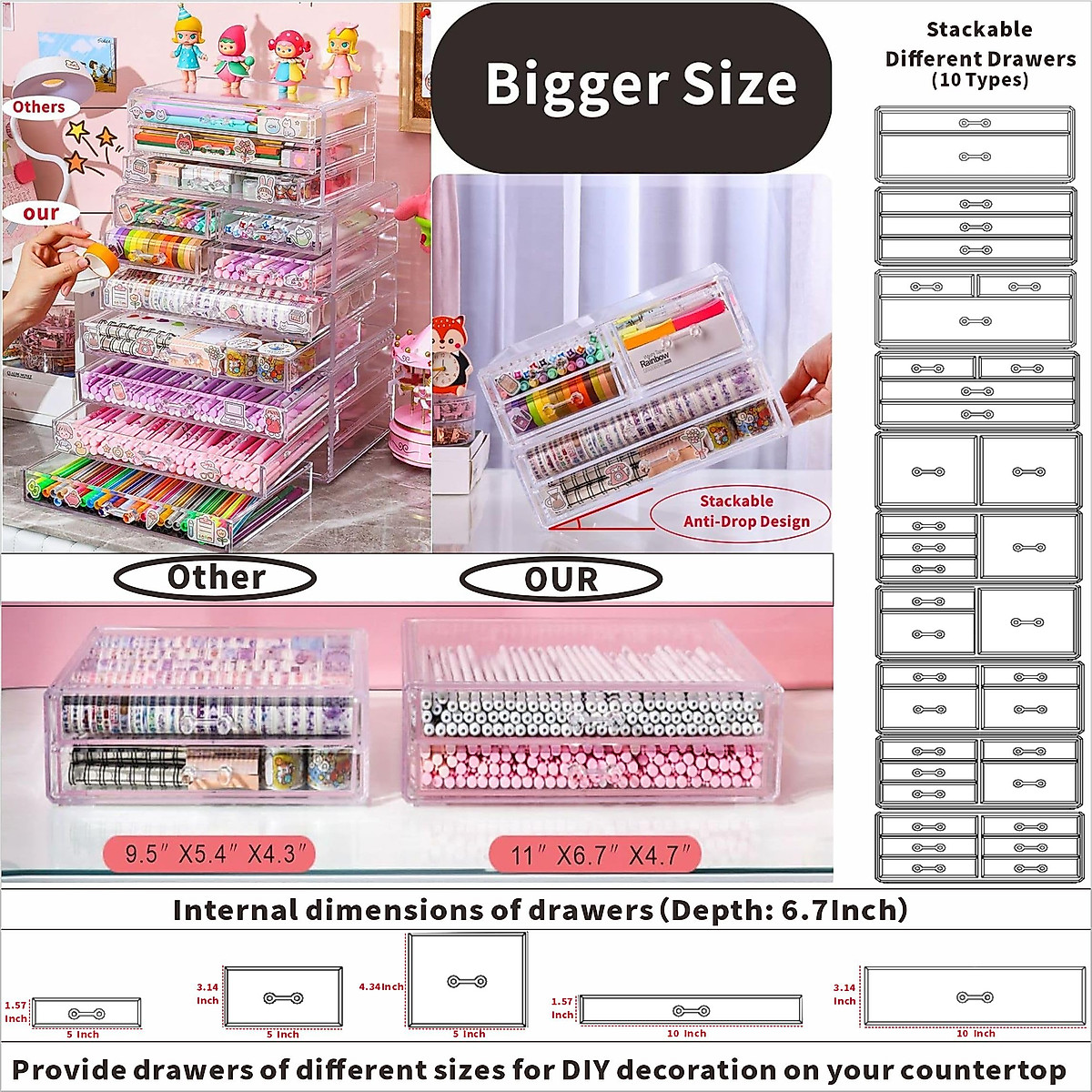 6 Drawers Stackable Makeup Organizer Storage Drawers,Cq Acrylic Bathroom Organizers,Clear Plastic Storage Bins For Vanity,Under sink,Kitchen Cabinets,Pantry,Home Organization and Storage