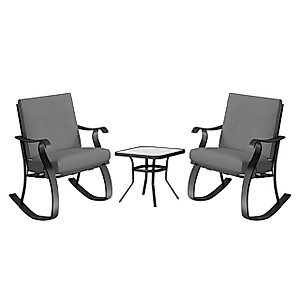 Four Seasons Courtyard Gramercy 3 Piece Cushioned Rocking Chairs Outdoor Backyard Patio Furniture Bistro Set with Square Side Table, Charcoal Gray
