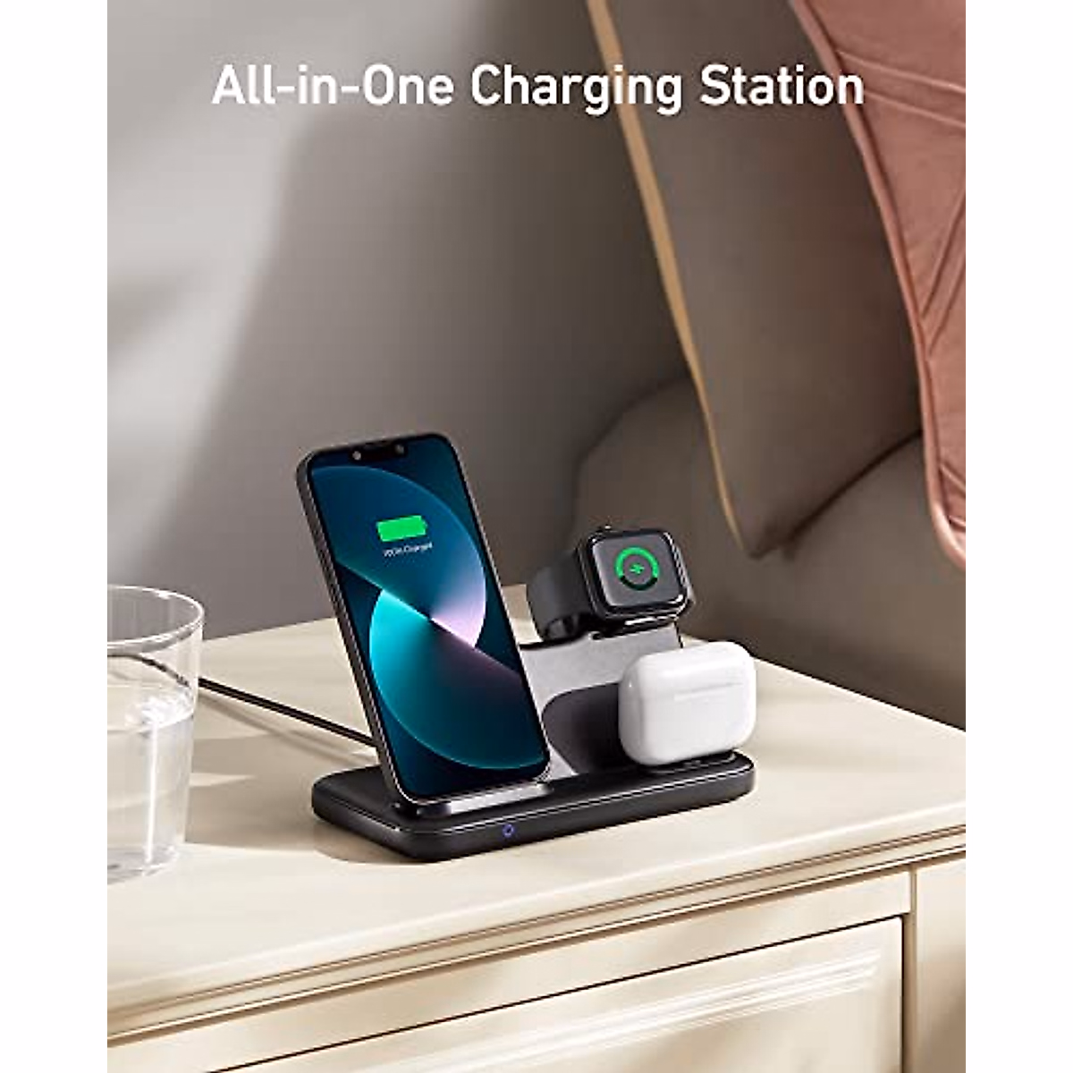Anker 544 Wireless Charger (4-in-1 Stand) with 60W Quick Charge DC Adapter and 5 ft Cable for iPhone 14/14 Pro/14 Pro Max/13/13 Pro Max, MFi Certified for Apple Watch SE/7/6/5/4/3/2/1, AirPods