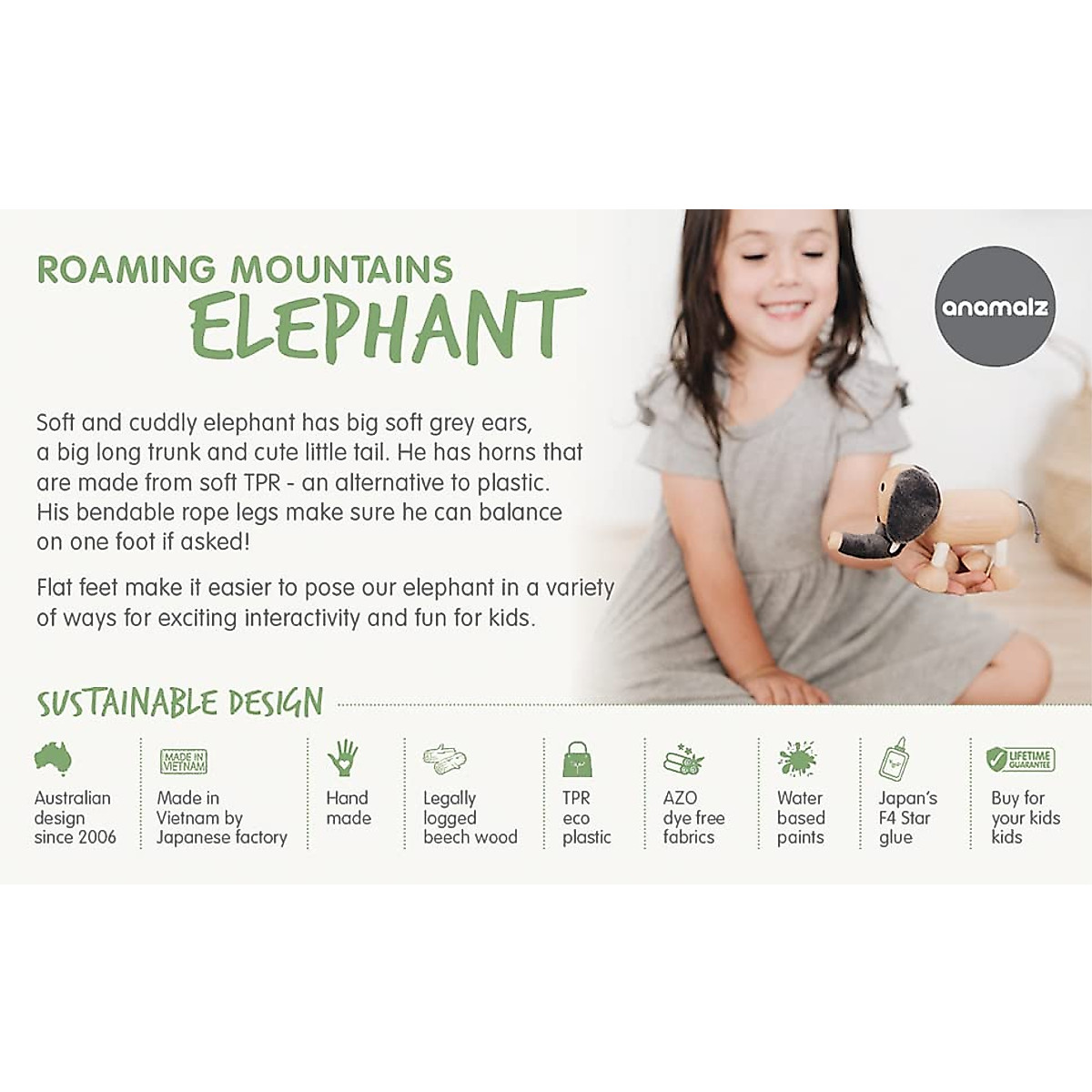 Anamalz Elephant Wooden Animal Toy for Toddlers, Fun and Posable Elephant for Early Learning, Montessori, and STEM, Smooth Natural Wood, Boys and Girls