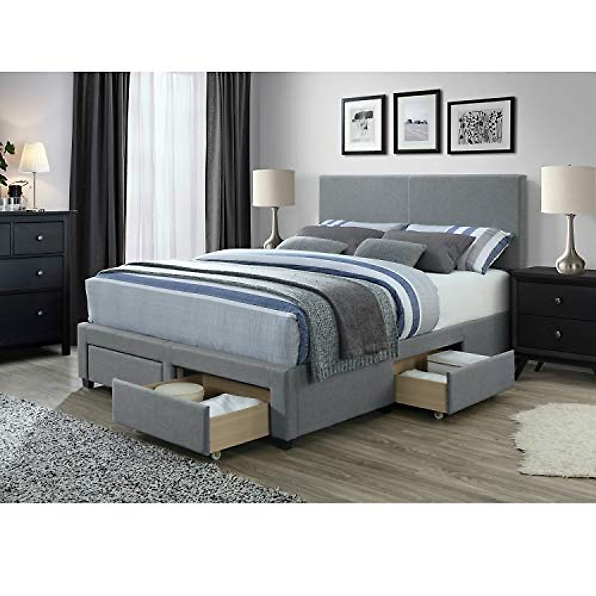 DG Casa Kelly Panel Bed Frame with Storage Drawers and Upholstered Headboard, Queen Size in Grey Linen Style Fabric