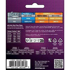 Elixir Strings, Acoustic Guitar Strings, Phosphor Bronze with NANOWEB Coating, Longest-Lasting Rich and Full Tone with Comfortable Feel, 6 String Set, 3 Pack, Medium 13-56