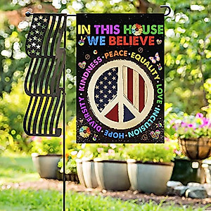 Swooflia In This House We Believe Garden Flag Small Yard Flag for Outside Decor Kindness Peace Equality Burlap Garden Banner 12x18 Inch Double Sided HYQ-223