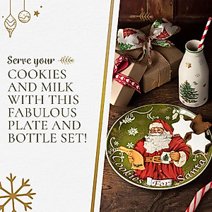 Spode Christmas Tree Plate and Bottle Set (2-Piece) - 8.5" Porcelain Cookies for Santa Plate & 10 Oz Holiday-Themed Jug, Dishwasher Safe Festive Collectible Seasonal Gift Set