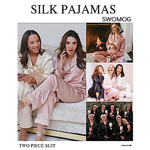 SWOMOG Long Sleeve Pajamas Set Silk Satin Sleepwear Button Down Pjs Loungewear with Pocket Black X-Small