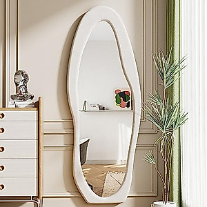 Dewfig Full Length Mirror, 63" x 24"Irregular Mirror, Large Floor Length Mirror Wall Mounted, Standing Mirror with Flannel Wrapped Wooden Frame for Bedroom/Living Room, White