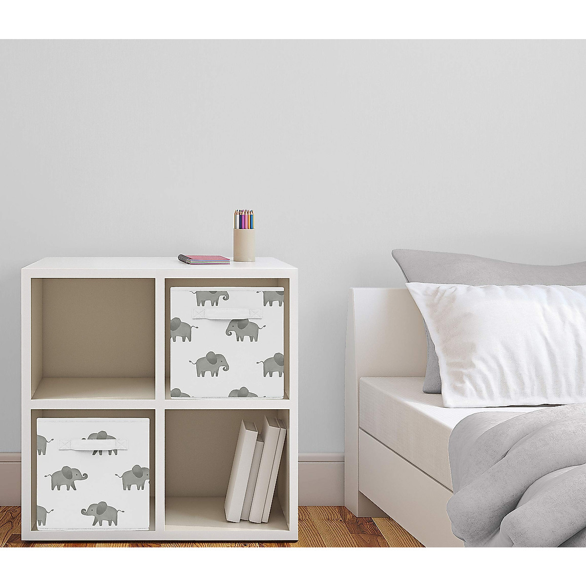 Sweet Jojo Designs Grey and White Watercolor Elephant Safari Organizer Storage Bins for Collection - Set of 2