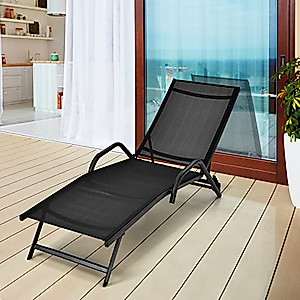 Tangkula Outdoor Patio Chaise Lounge Chairs, Reclining Lounge Chairs with 5-Position Adjustable Backrest & Breathable Fabric, Outdoor Recliner Chairs for Lawn, Poolside & Backyard, Set of 2 (2, Black)