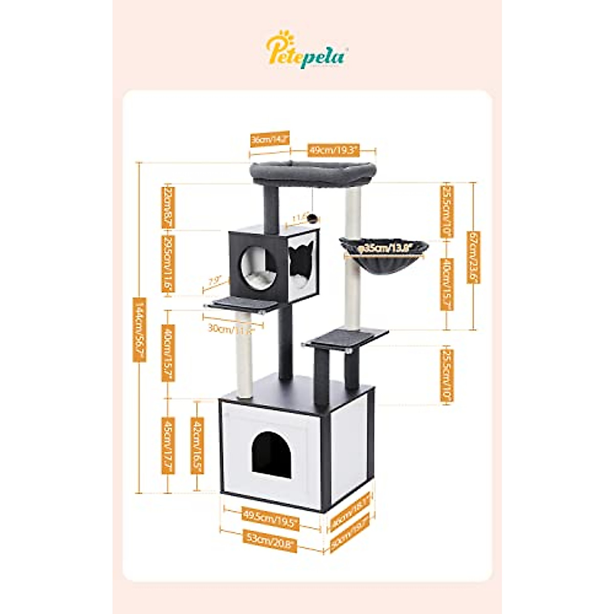 PETEPELA Modern Cat Tree Wood Cat Tower with Storage Cabinet Litter Box Enclosure and Spacious Cat Condo, Large Top Perch and Hammock, Sisal Covered Scratching Posts for Cats Black