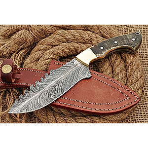 HUNTEX Unique Custom Handmade Hand-Forged New Feather Pattern Damascus Steel 9.5 Inch Long Full Tang Ram Horn Handle Razor Sharp Hunting Camping Knife with Genuine Leather Sheath