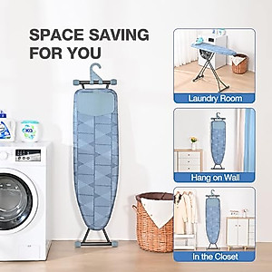 APEXCHASER Ironing Board with Iron Rest, Compact and Space Saver Iron Board, Extra Thick Cover, Height Adjustable, Wall Mount & Closet Hanger 13x43 Blue