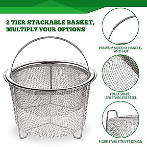 AOZITA Steamer Basket for Instant Pot Accessories 6 qt or 8 quart - 2 Tier Stackable 18/8 Stainless Steel Mesh Strainer Basket - Silicone Handle - Vegetable Steamer Insert, Egg Basket, Pasta Strainer
