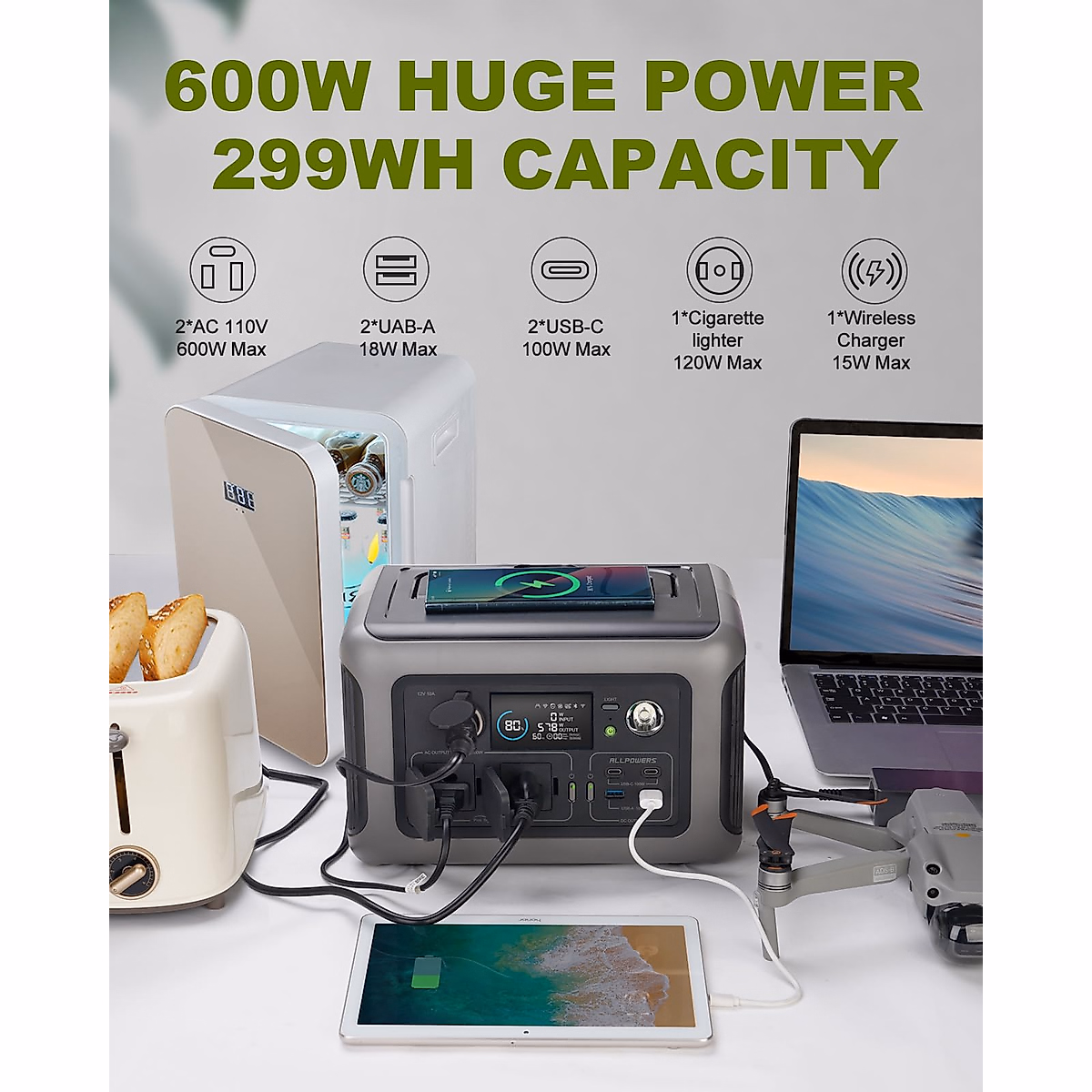 ALLPOWERS R600 Solar Generator with SP033 solar panel included, 600W 299Wh LiFePO4 Portable Power Station with 200W Solar Charger, UPS Battery Backup, MPPT Solar Power for Camping RVs Home