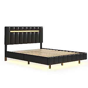Modern Queen Size Upholstered Platform Bed with LED Lights and USB Charging,Floating Bed Frame for Kids Teens Adults Bedroom Use (Queen, Black@LED Lights)