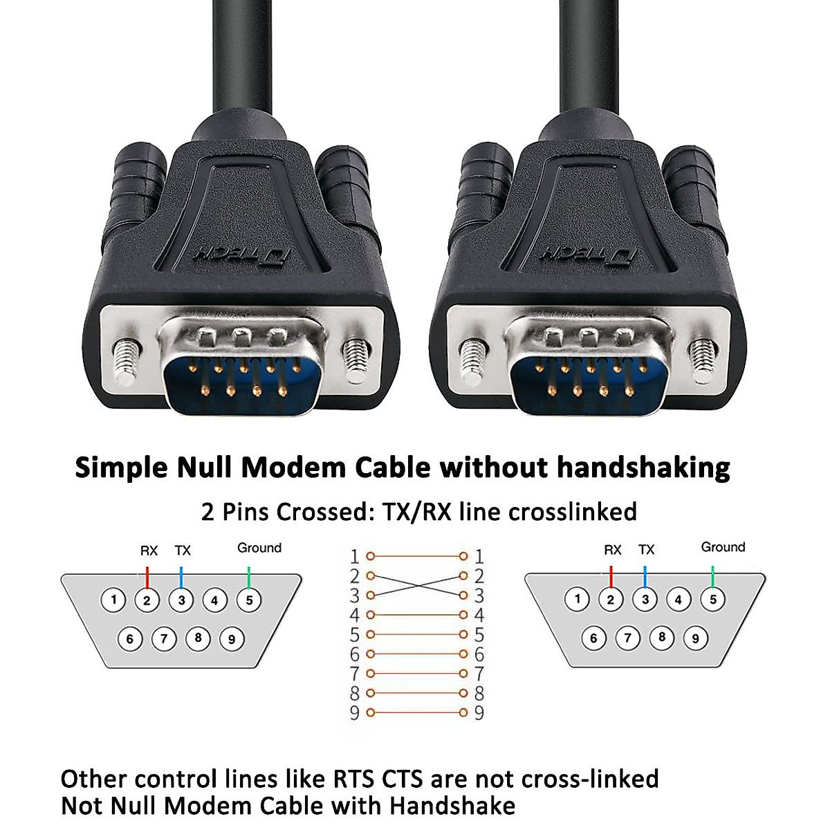 DTech 6ft DB9 to DB9 RS232 Serial Cable Male to Male Simple Null Modem Cord Cross TX RX line 2 Pin Crossed Without Handshake for Computer Data Communication (6 Feet, Black)