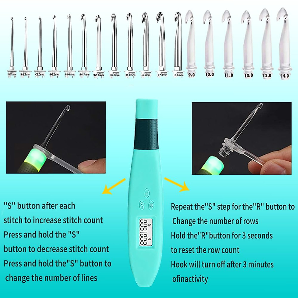Yarniss 18 Size Counting Crochet Hooks with Light, Digital Counter Crochet Hooks Set with Case (2.0mm~14.0mm)