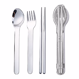 1 Set Cutlery Set Smooth Surface -deform Stainless Steel Portable Fork Spoon Chopsticks with Spoon-shaped Case for Students